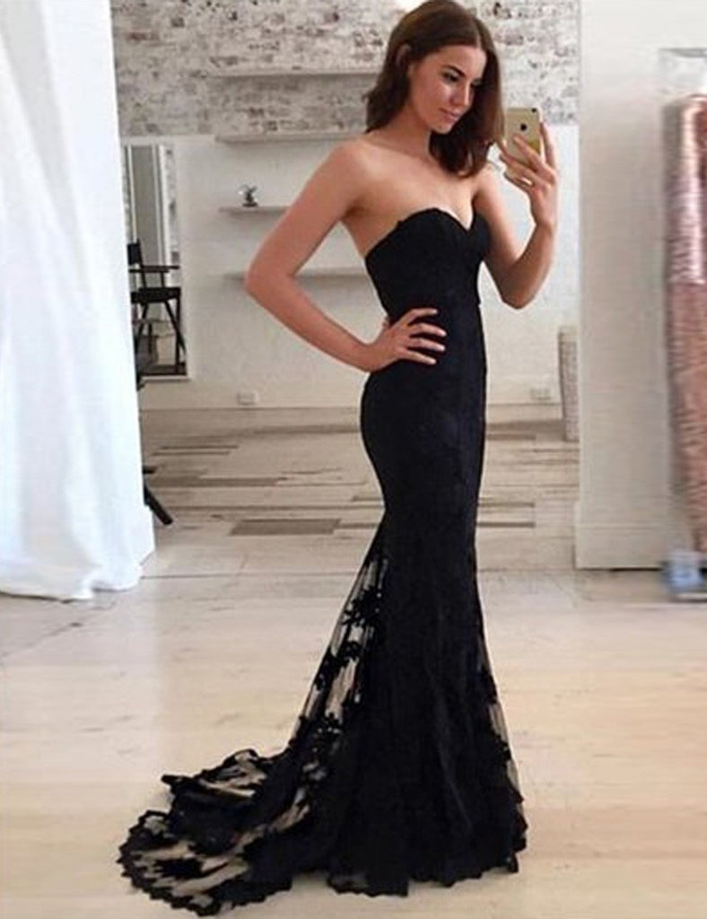 Navy Mermaid Lace Evening Gowns, Mermaid Lace Prom Gowns 2018 ...
